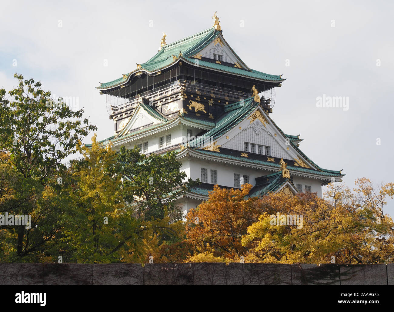 A view of the Osaka Castle with fall foliage in Osaka, Japan Stock ...