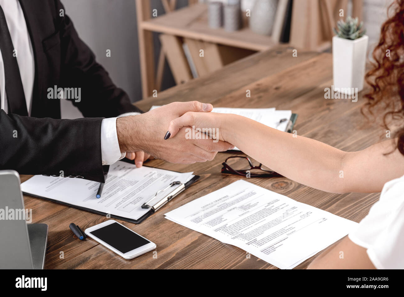 Job Interview. Employer shaking hands with candidate accepted sitting ...