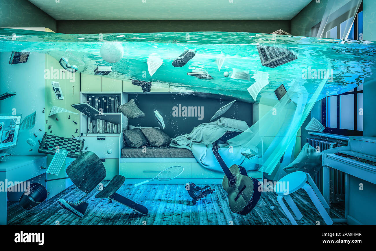 completely flooded children's room, floating objects. 3D rendered image ...