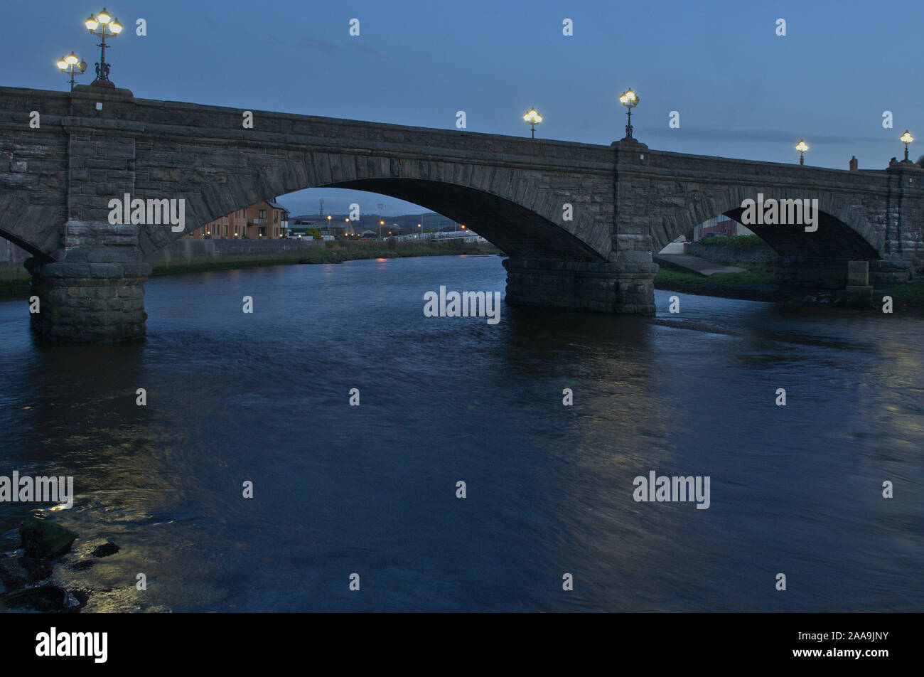 Trefechan Road Bridge Aberystwyth in the evening with the street lights ...