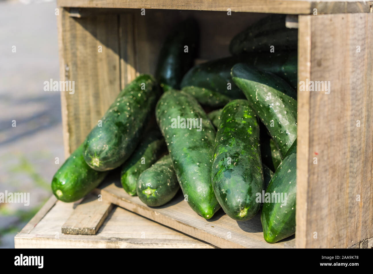 Organic cucumbers vegetables on display in wooden boxes Stock Photo - Alamy