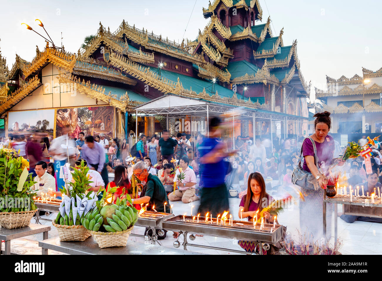 Burmese People Praying At The Shwedagon Pagoda, Yangon, Myanmar Stock ...