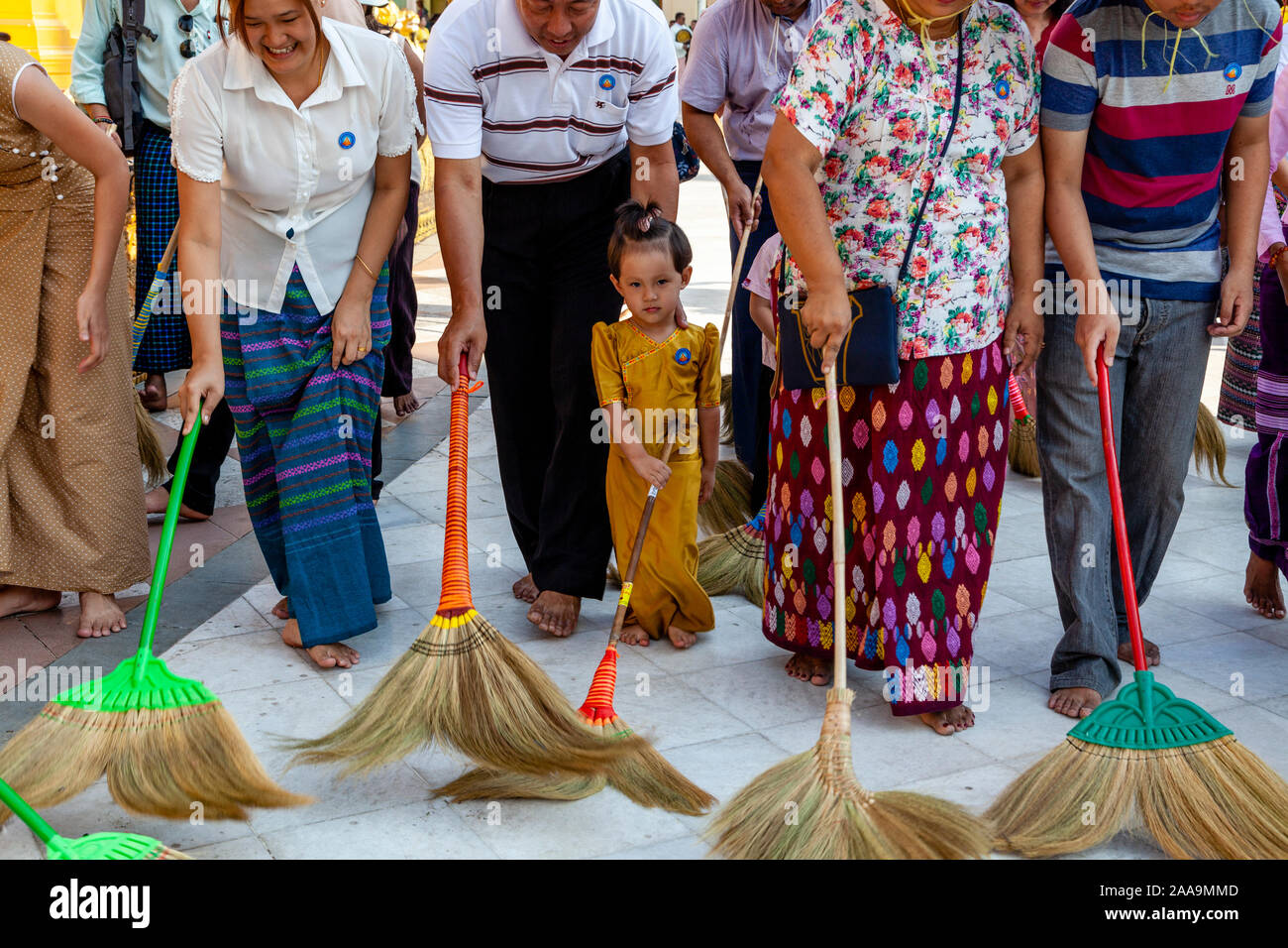 Local People Sweeping/Cleaning At The Shwedagon Pagoda, Yangon, Myanmar ...