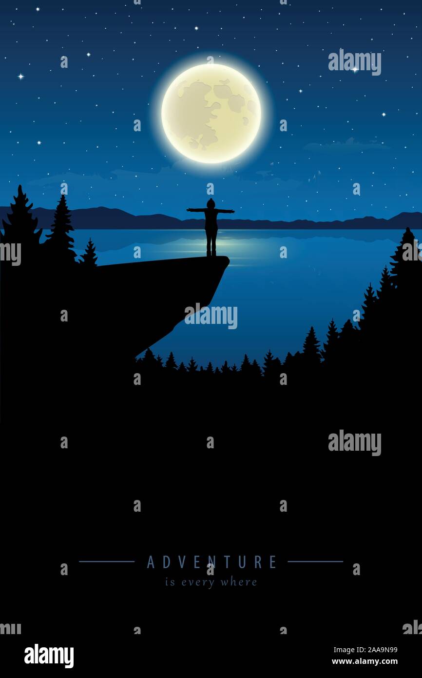 girl with raised arm on a cliff enjoy the full moon by lake vector ...