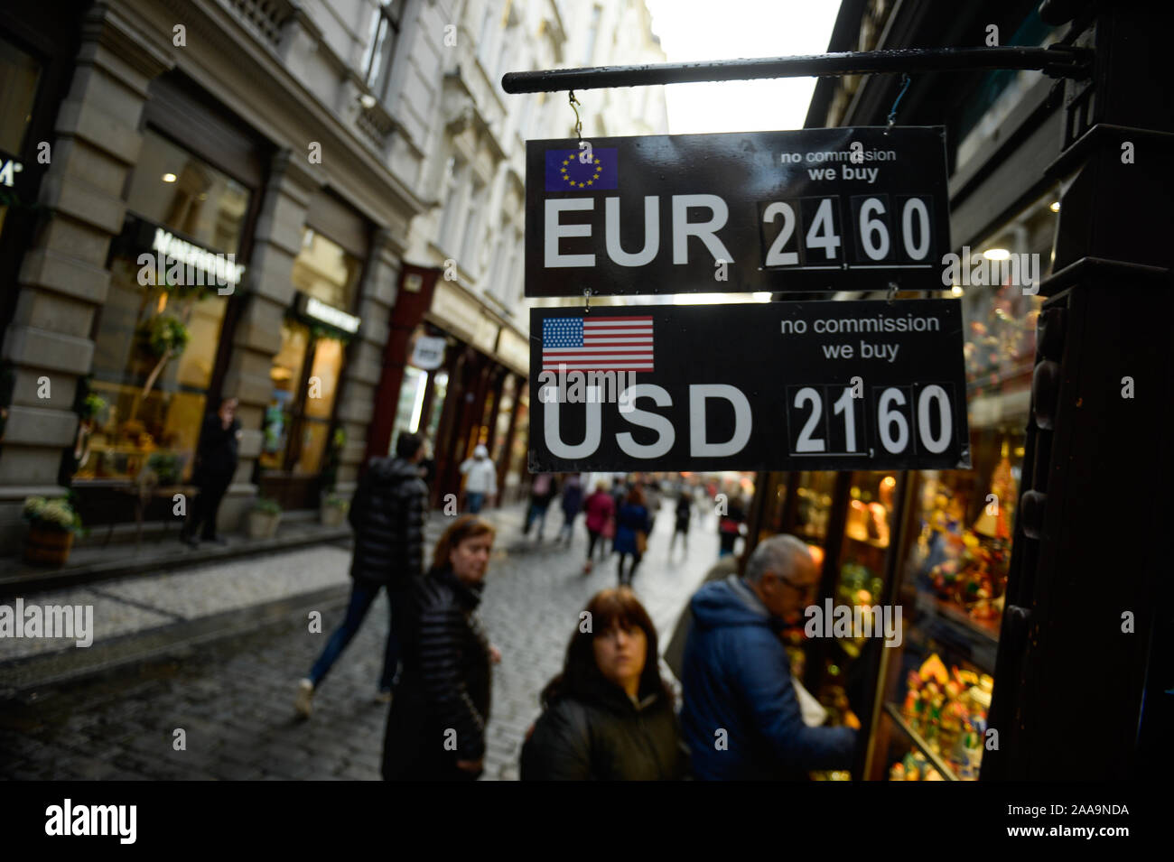 November 18, 2019, Prague, Czech Republic: An exchange sign with Euro ...