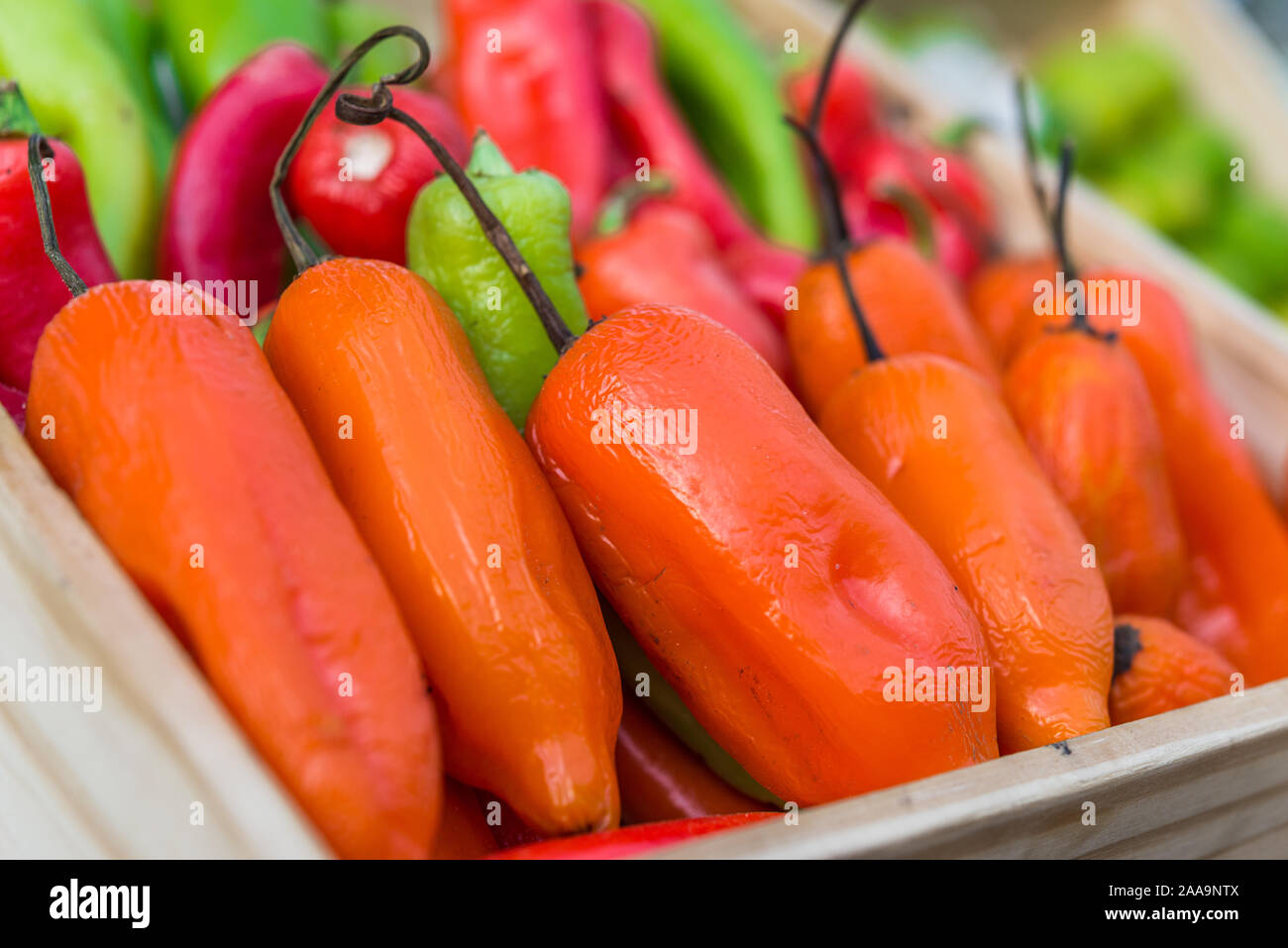 Peruvian aji amarillo chili peppers at a street food market Stock Photo ...