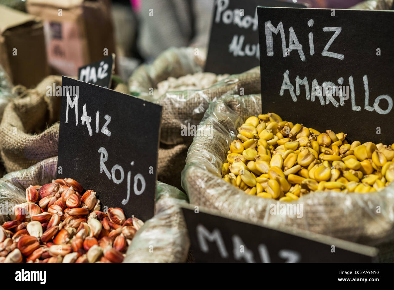 Andean corn maize on display at a street food market fair festival ...