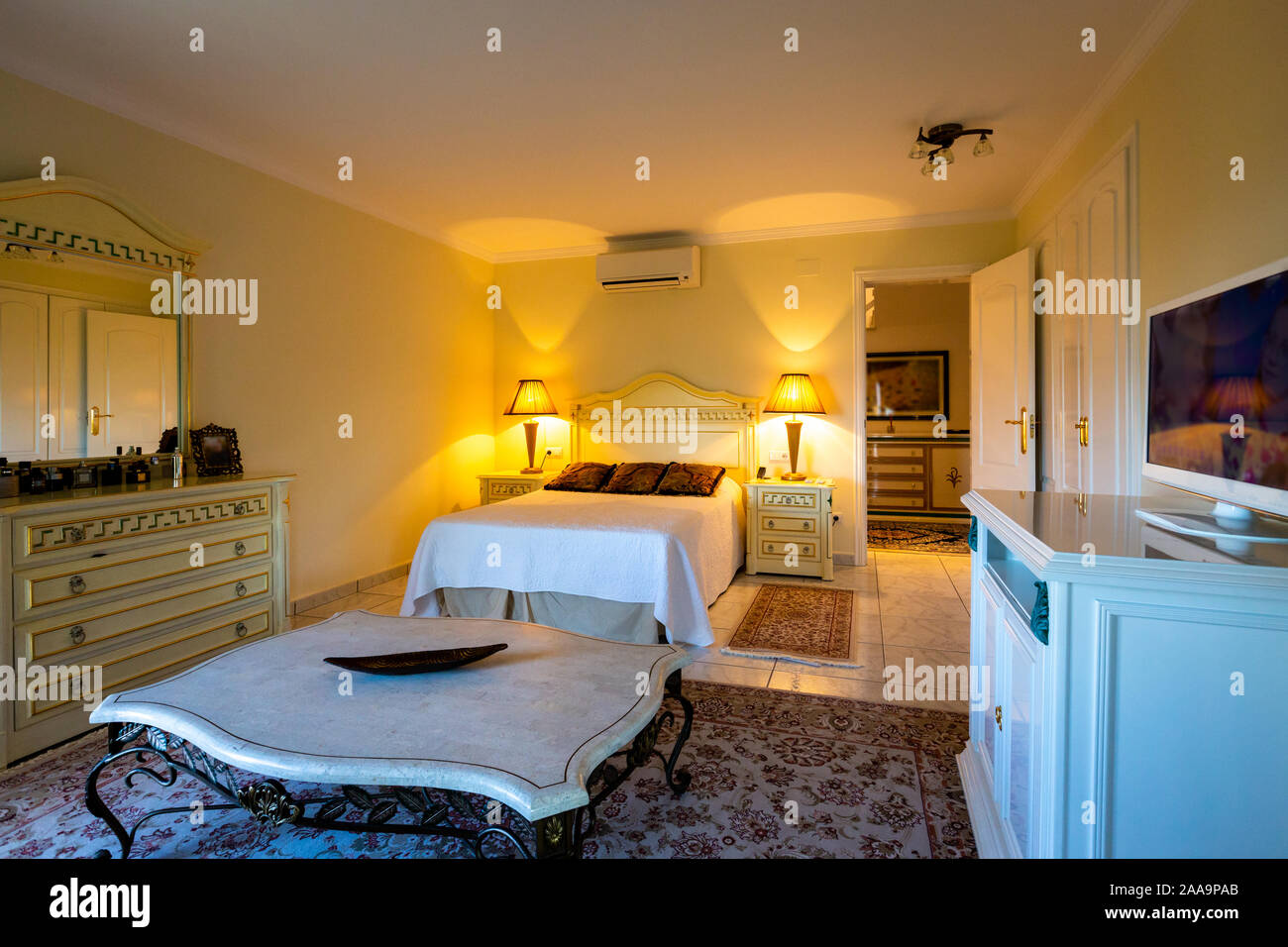 Bedroom in classic style, soft furniture, lighting fixtures Stock Photo ...