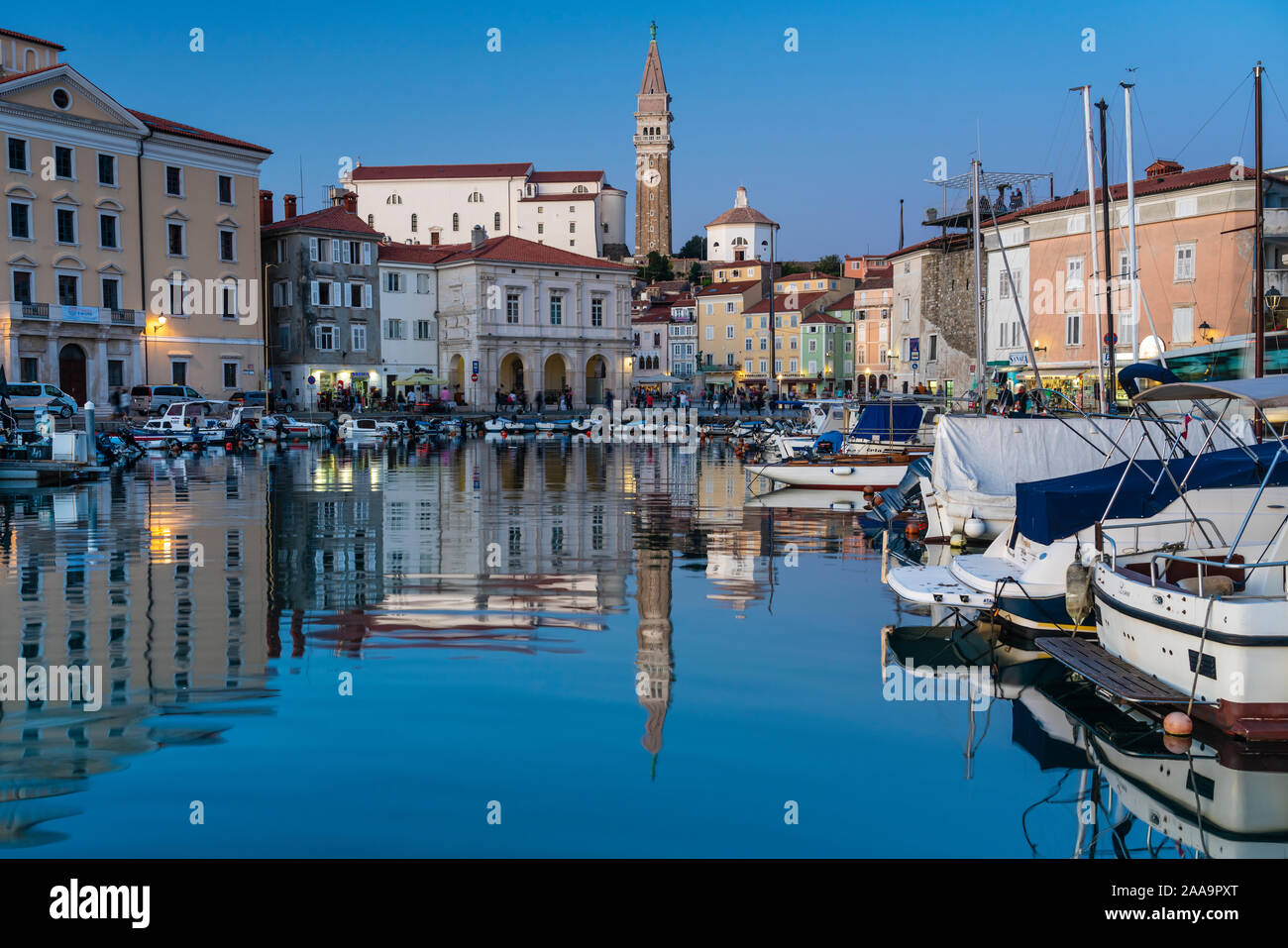 A view of the harbour in the medieval city of Piran, Slovenia, Europe ...
