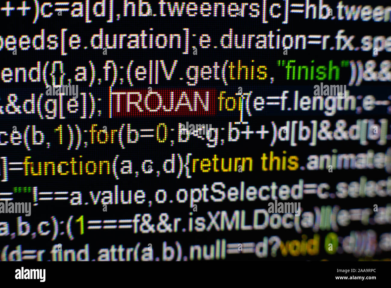 Macro photo of computer screen with program source code and highlighted ...