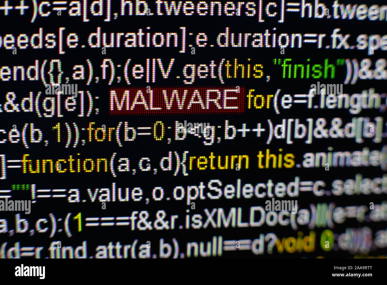 Macro photo of computer screen with program source code and highlighted ...