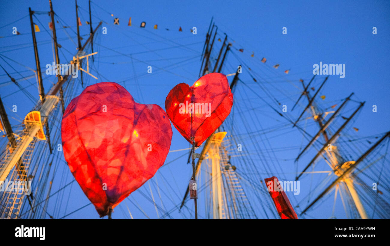 Greenwich, London, UK, 20th November 2019. Heart shaped lanterns at the ...