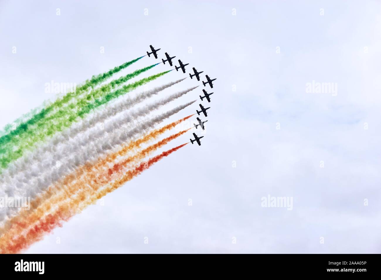 Fighter jets in formation with colors of the italian flag with copy ...