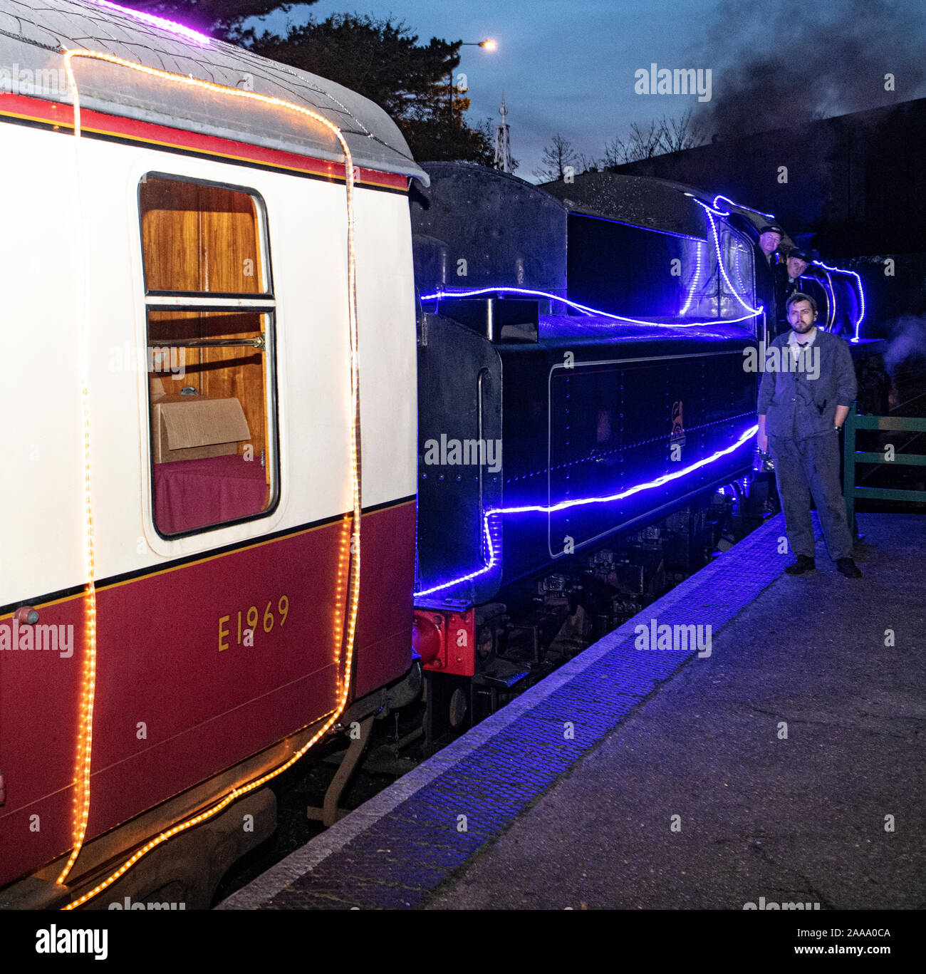 North Norfolk Railway Lit up Train Stock Photo - Alamy
