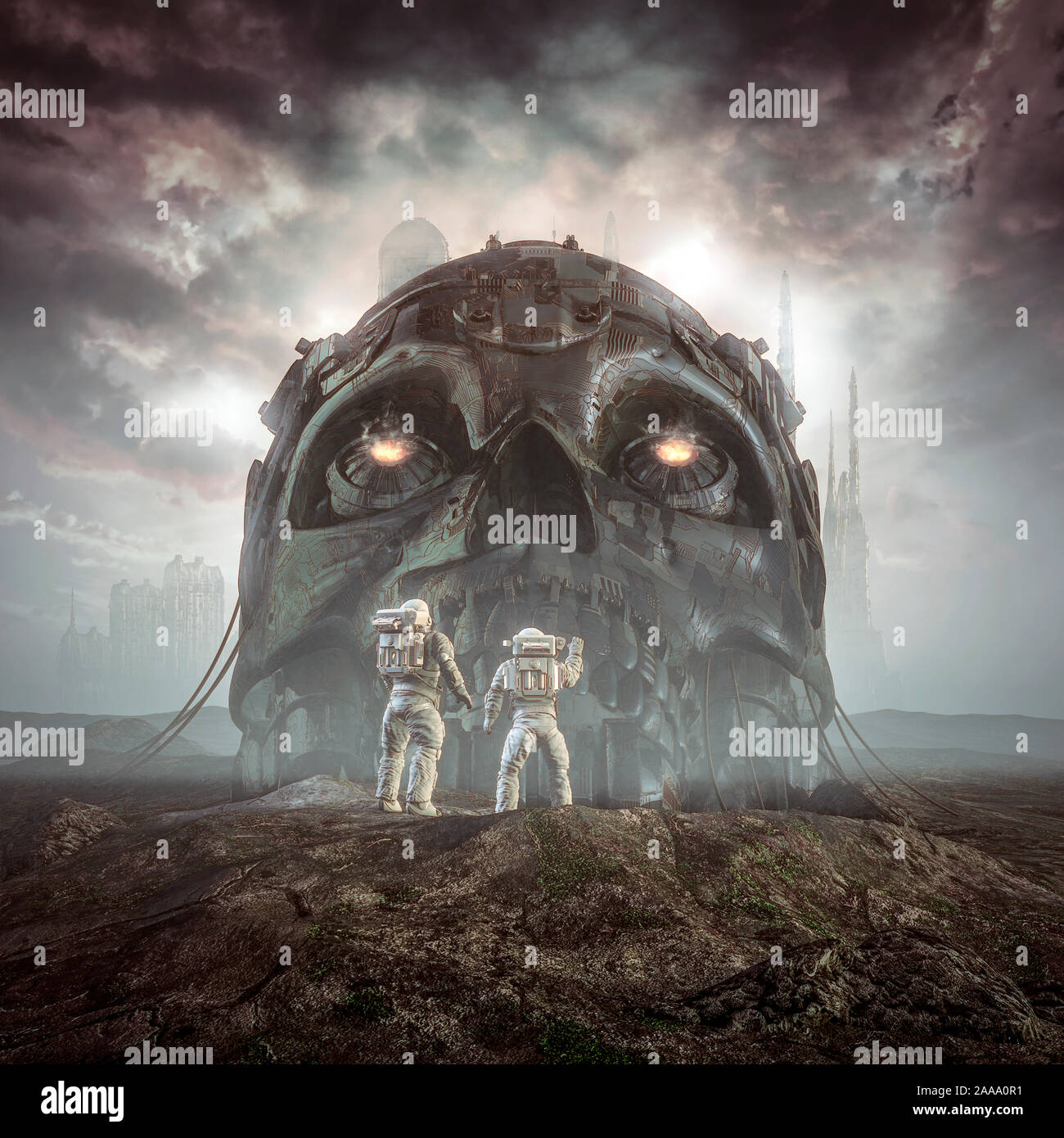 Giants of yesterday / 3D illustration of science fiction scene showing ...