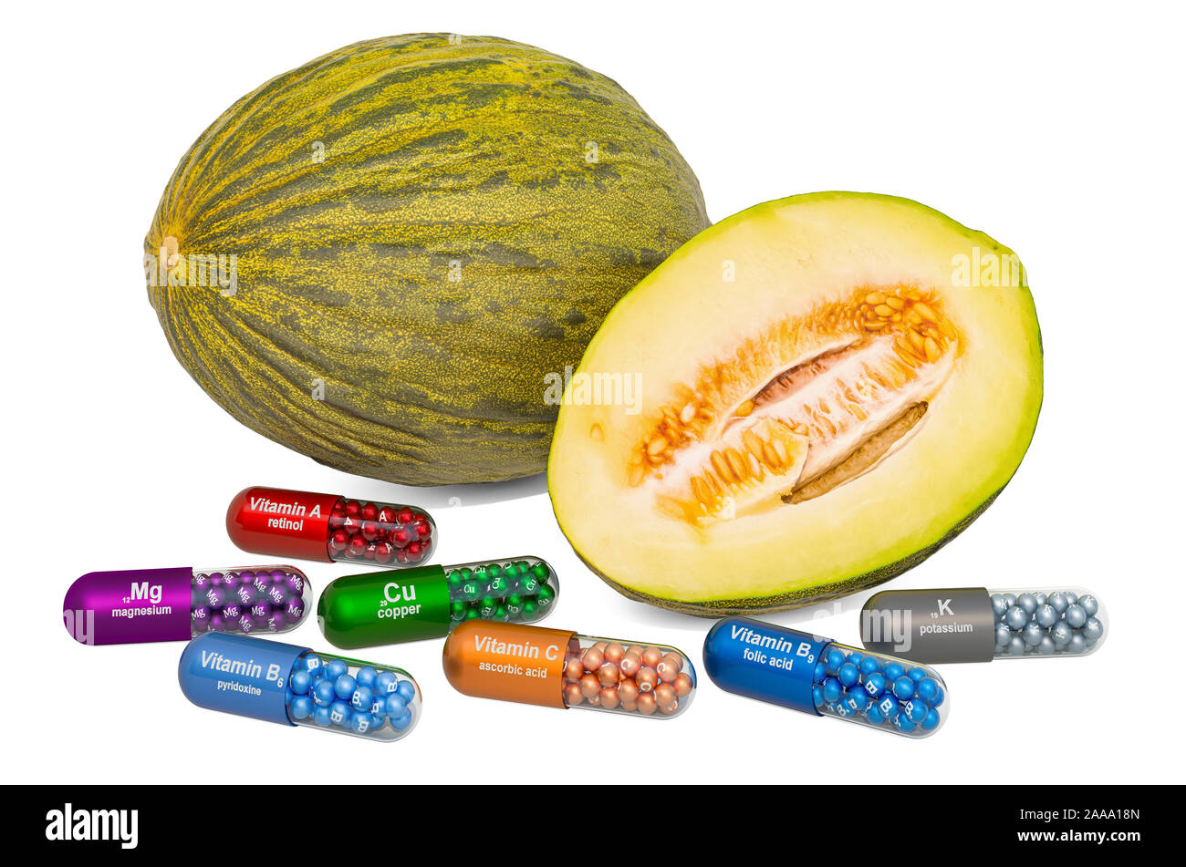 Vitamins and minerals of Christmas melon, 3D rendering isolated on ...