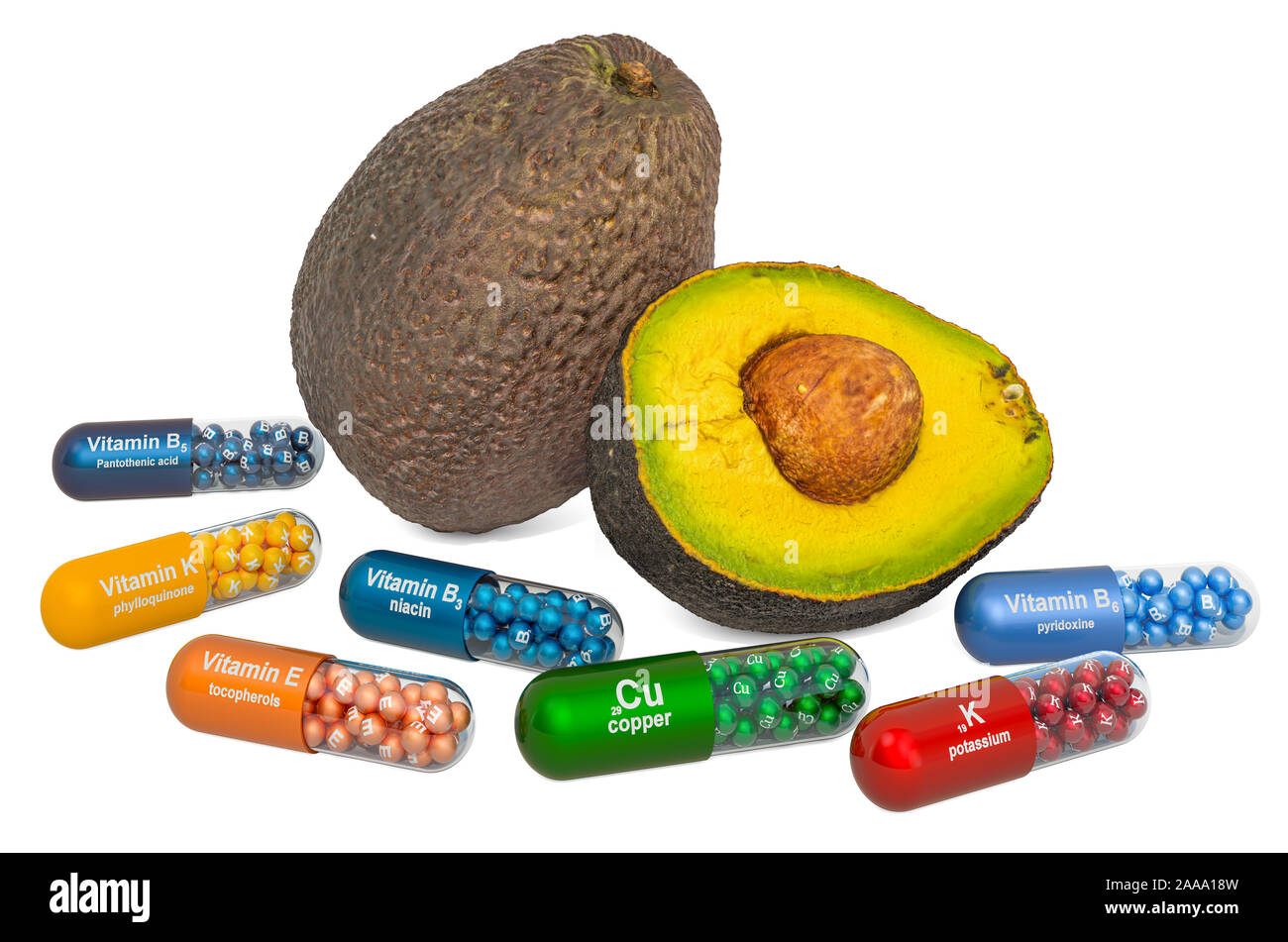 Vitamins and minerals of avocado, 3D rendering isolated on white ...