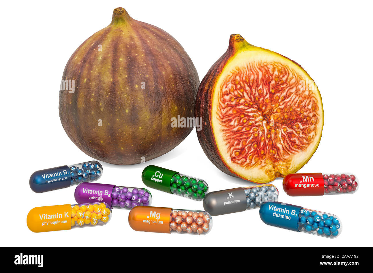 Vitamins and minerals of common fig, 3D rendering isolated on white ...