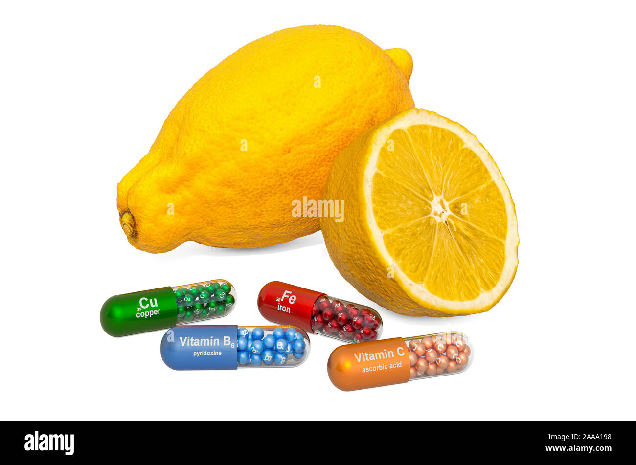 Vitamins and minerals of lemon, 3D rendering isolated on white ...