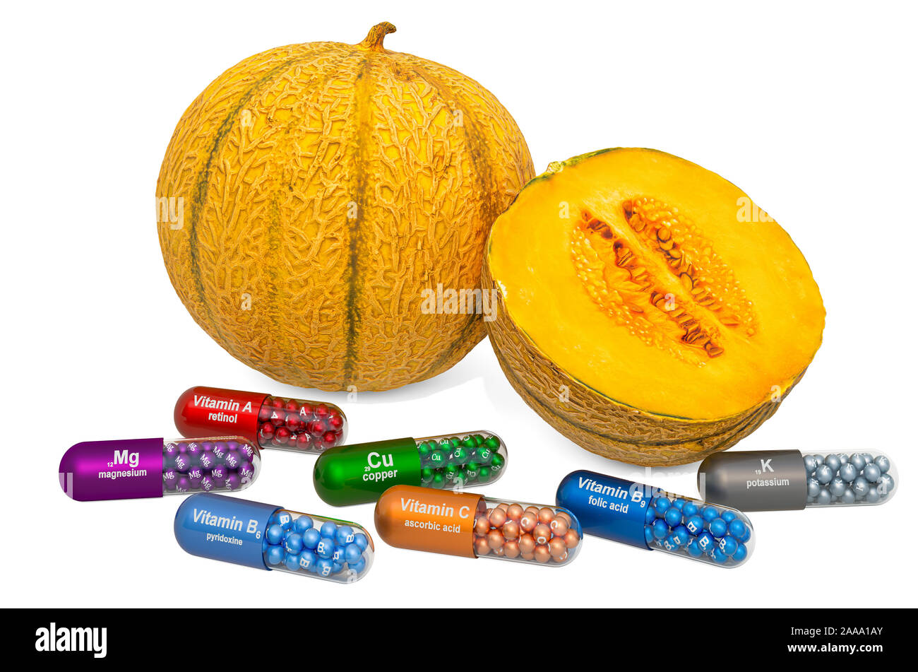 Vitamins and minerals of melon, 3D rendering isolated on white ...