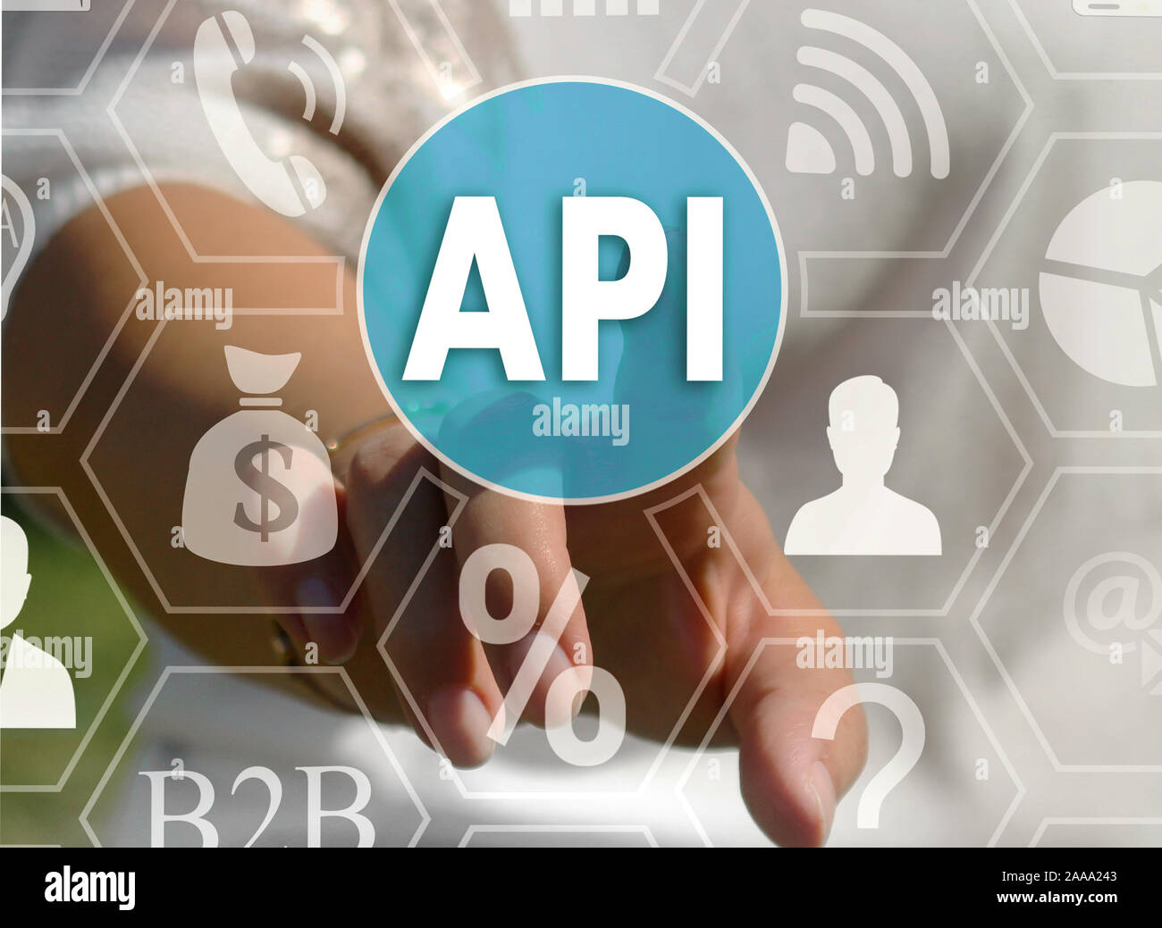 Businesswoman pushes a button API, Application Programming Interface on ...