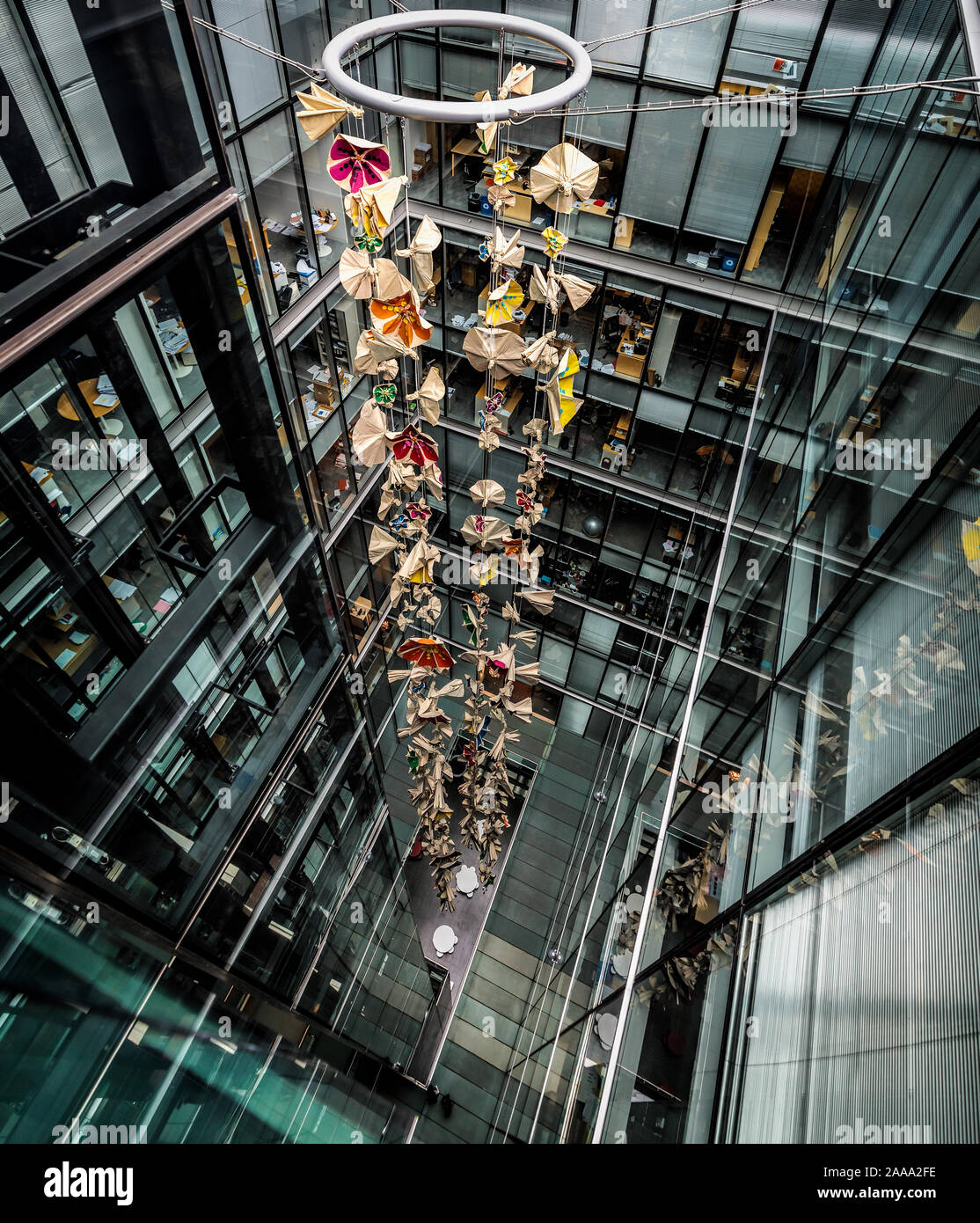 Art installation in the central atrium inside an office building, One ...