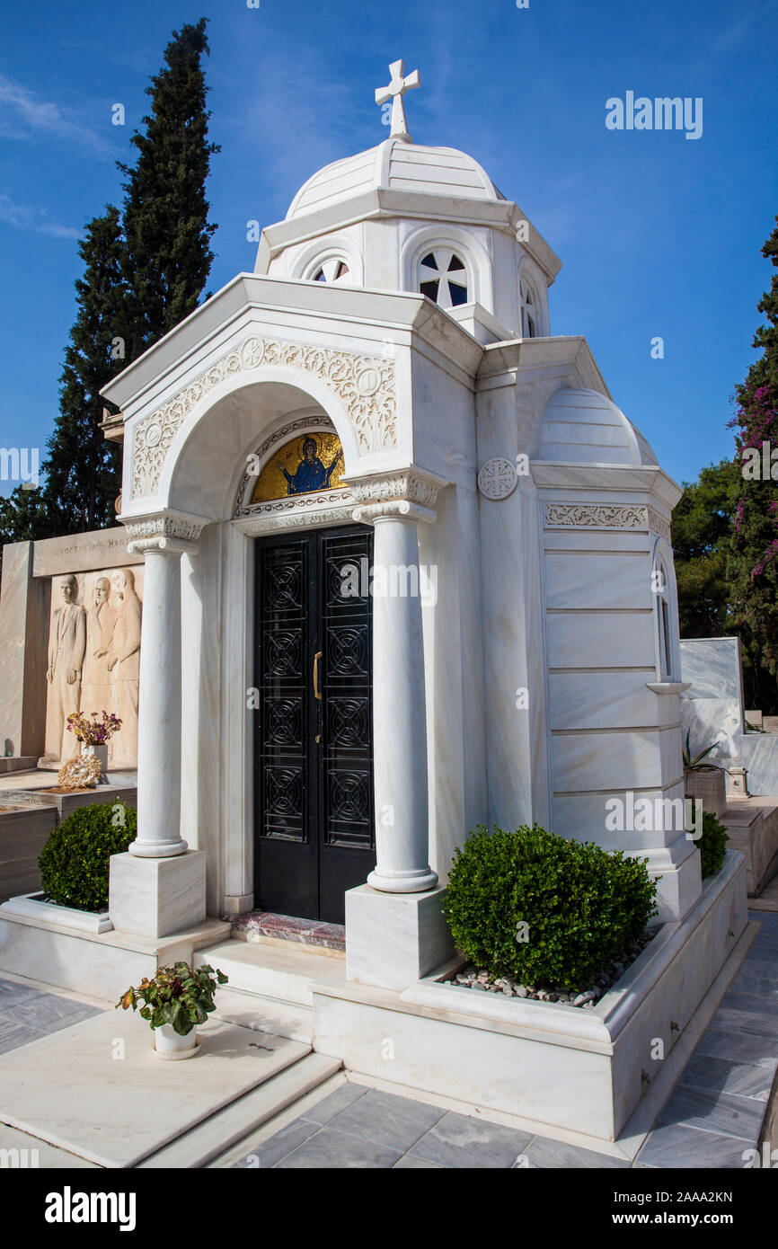 ATHENS, GREECE - MAY, 2018: Detail of the tombs at the First Cemetery ...