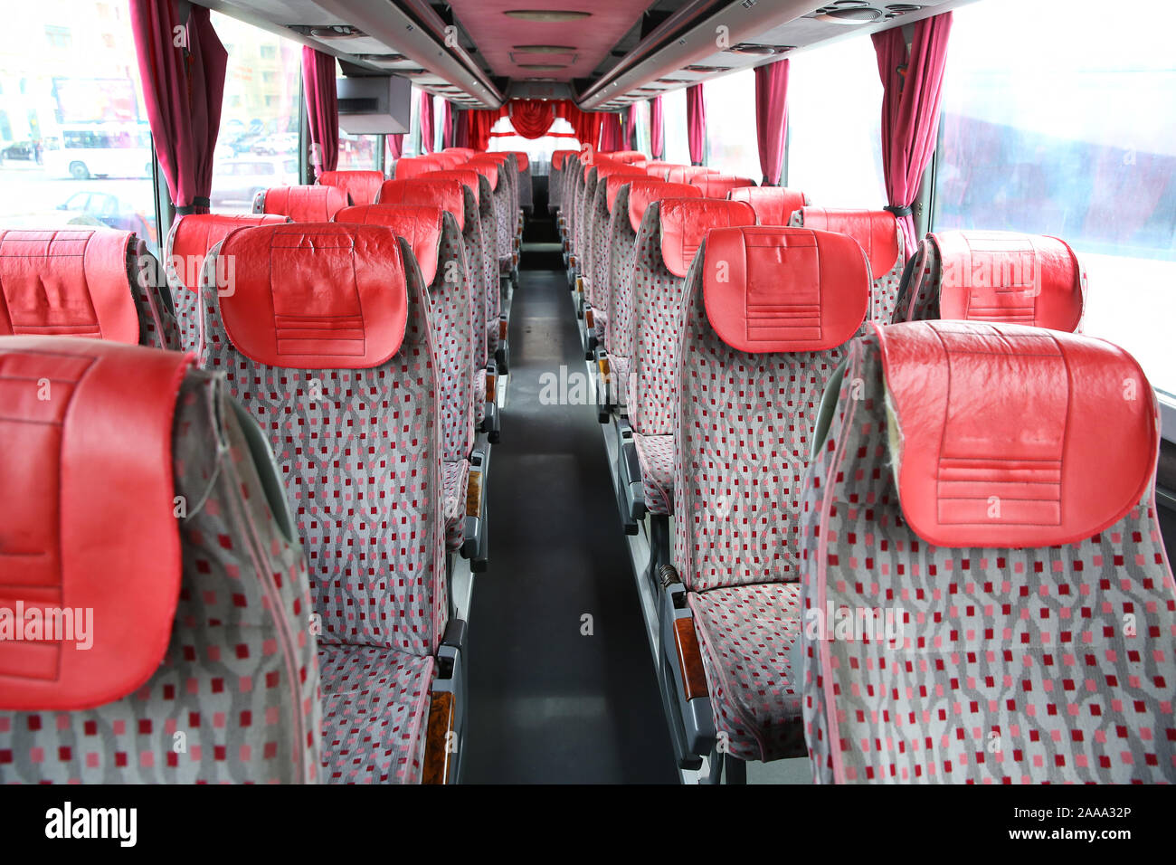interior of new modern bus . bus seat Safety belts . Seating in the ...