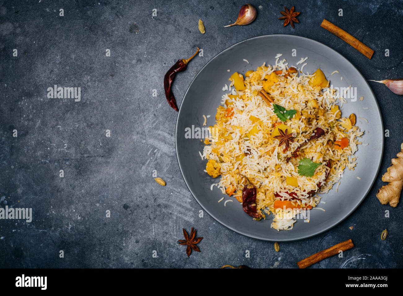 Biryani rice (Vegetable biryani). Indian basmati rice, curry vegetables ...