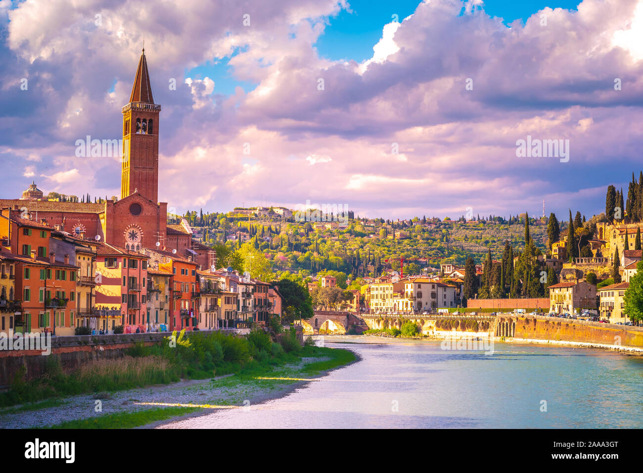 Verona, Italy. A scenic panoramic view of the river of Adige and its ...