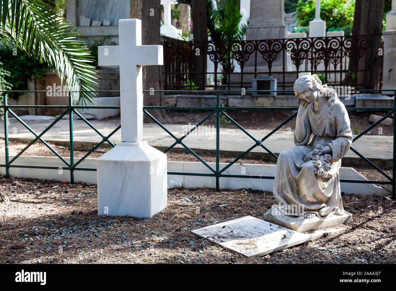 ATHENS, GREECE - MAY, 2018: Detail of the tombs at the First Cemetery ...