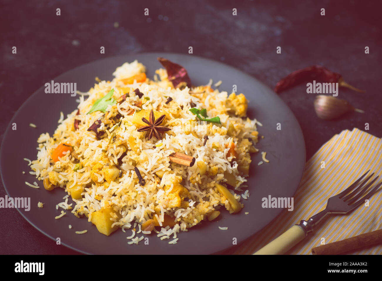 Biryani rice (Vegetable biryani). Indian basmati rice, curry vegetables ...
