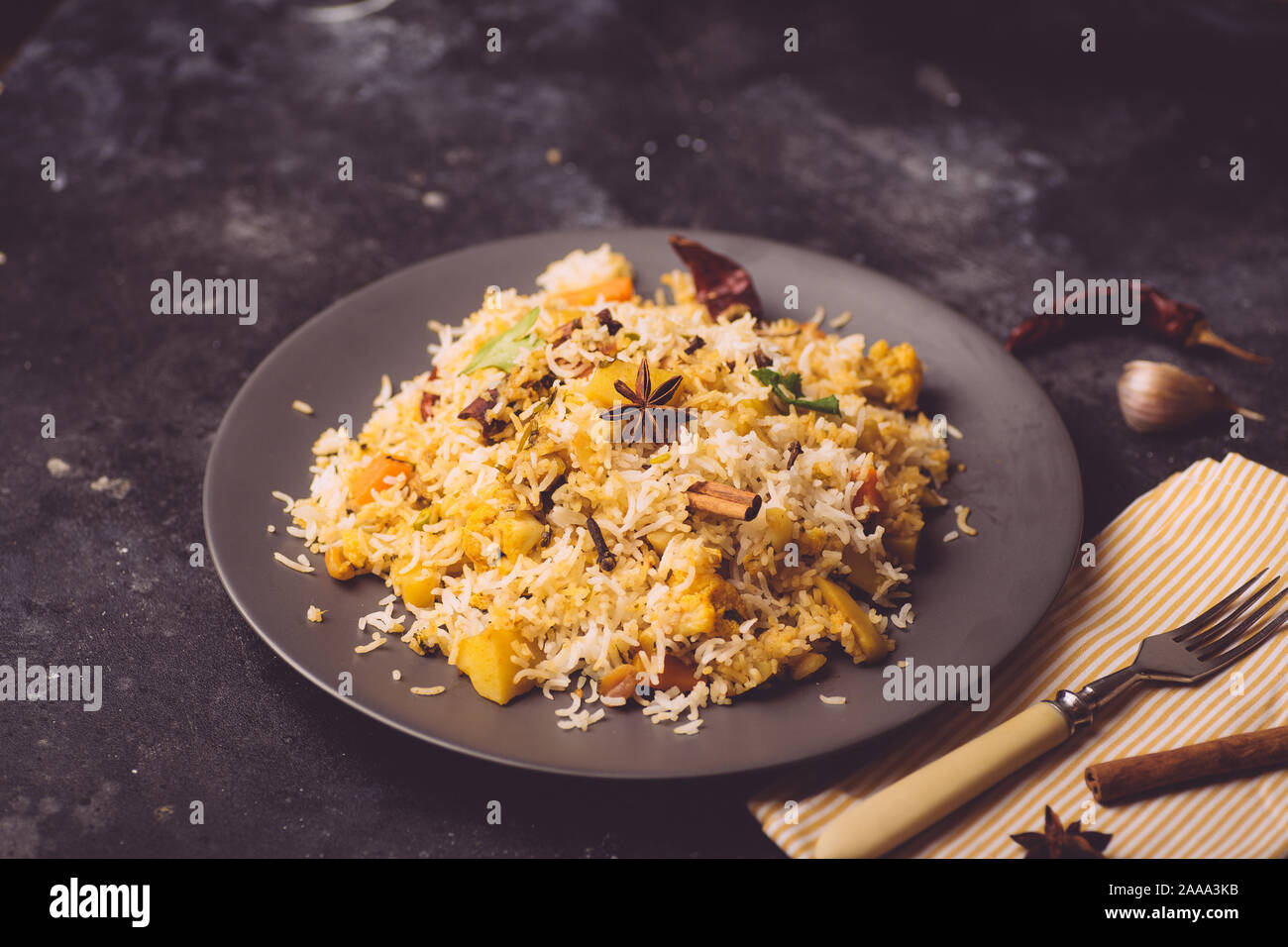 Biryani rice (Vegetable biryani). Indian basmati rice, curry vegetables ...