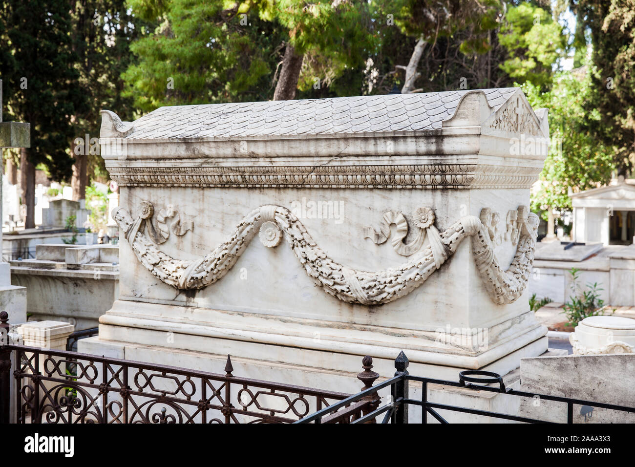 ATHENS, GREECE - MAY, 2018: Detail of the tombs at the First Cemetery ...