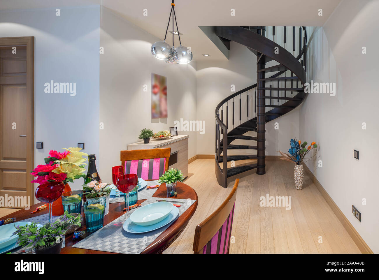 Modern interior of studio apartment. Stairs to the second floor. Set ...