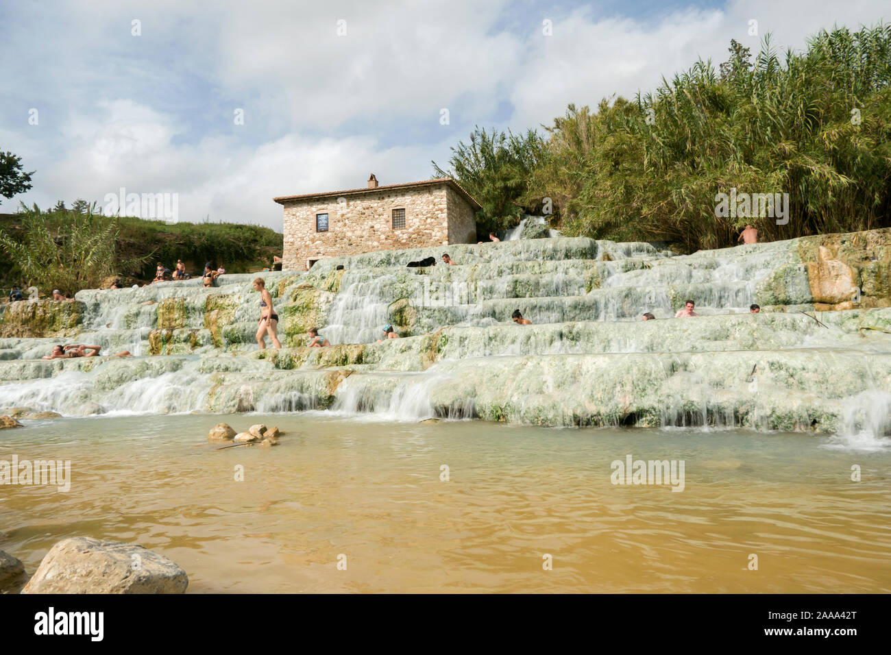 Saturnia, Grosseto / Italy 23 September 2019: Tourist bathing at ...