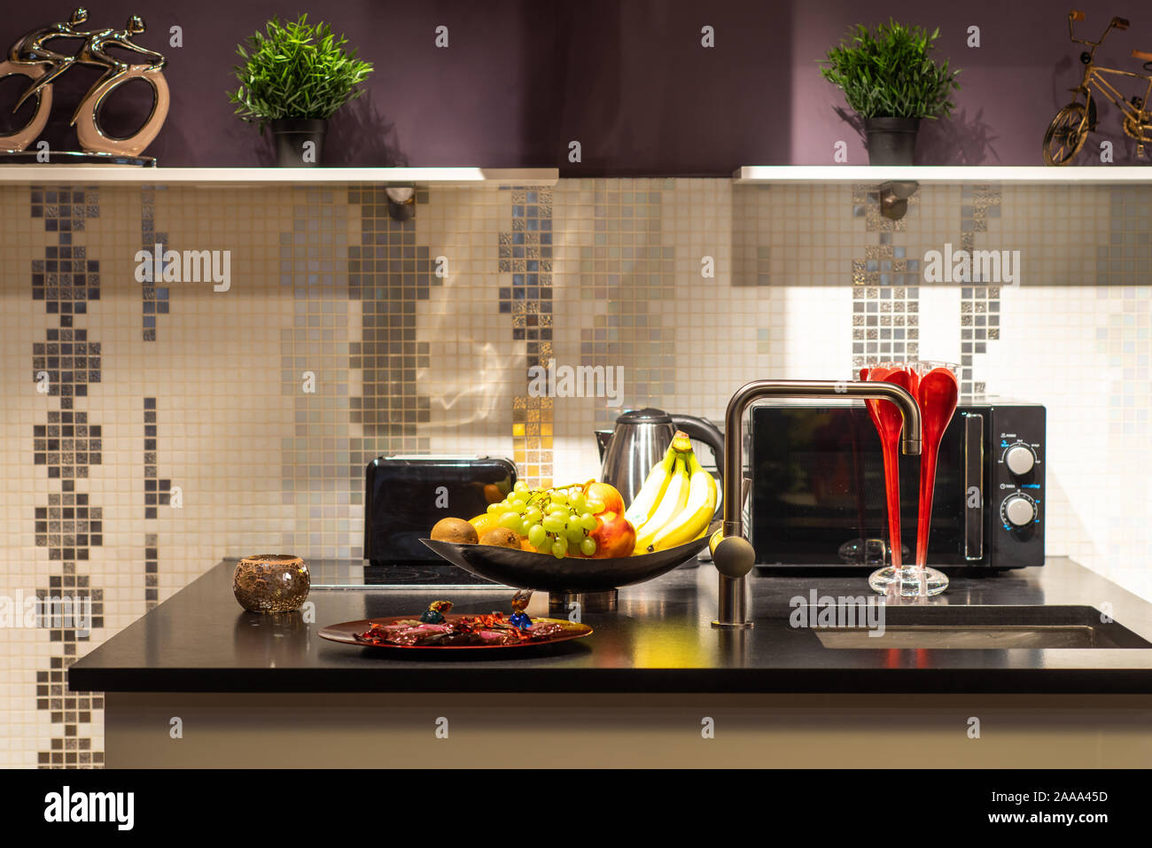 Modern interior of kitchen. CLose-up of surface with sink and ...