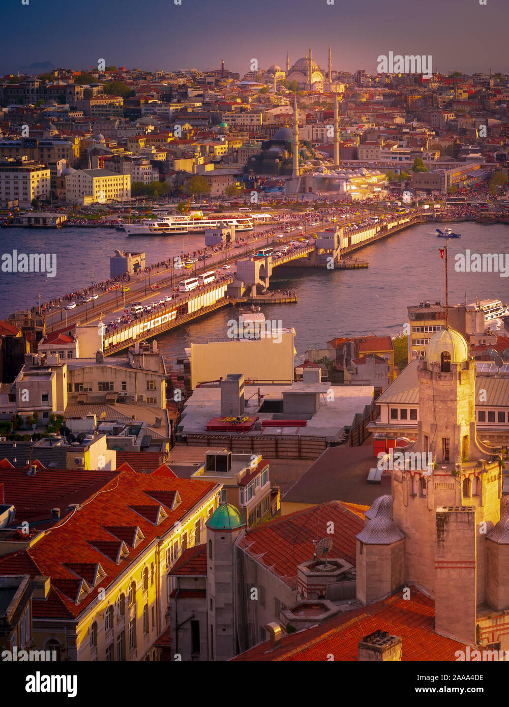 Galata Bridge on the Golden Horn, with mosques in the background, as ...