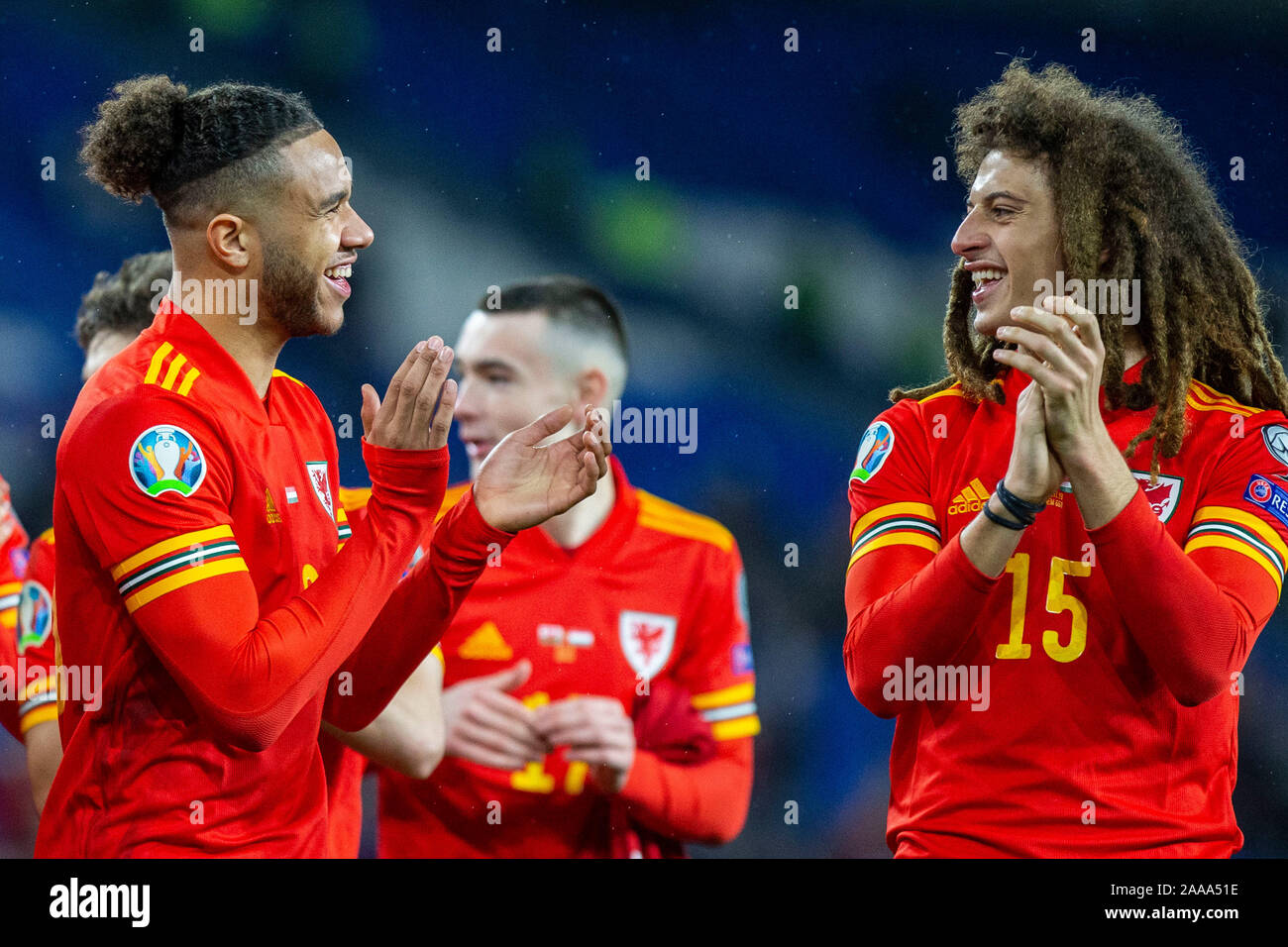 Tyler Roberts and Ethan Ampadu of Wales celebrate after the UEFA Euro ...