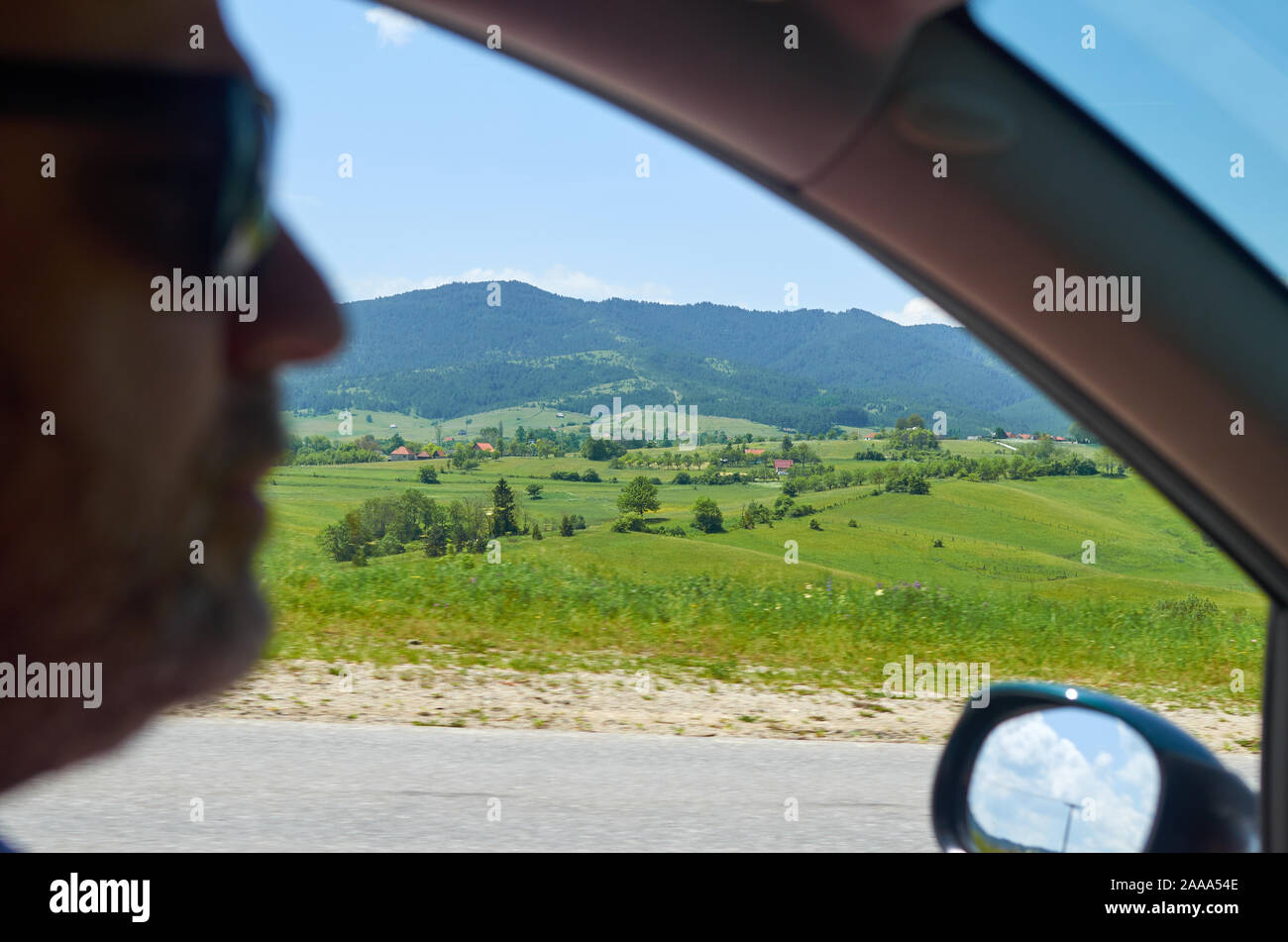 Profile of a driver while driving and a green landscape against a car ...