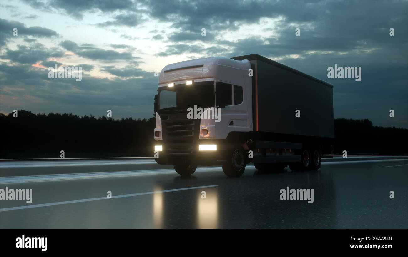 Delivery truck on asphalt road highway at sunset - transportation ...
