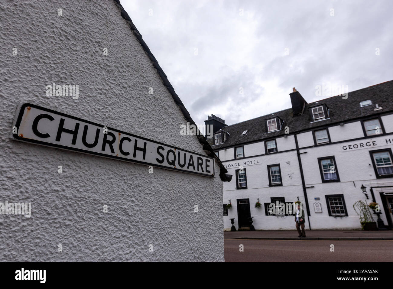 Church square sign and The George Hotel, Main St, Inveraray, Argyll and ...