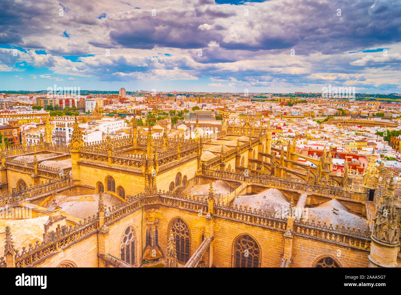 Aerial view of Seville city and Cathedral of Saint Mary of the See in ...