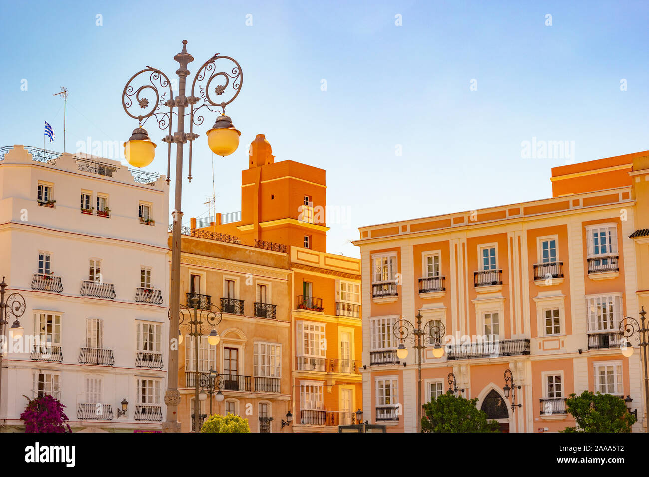 View of a street in spanish city of Cadiz, beautiful historical ...