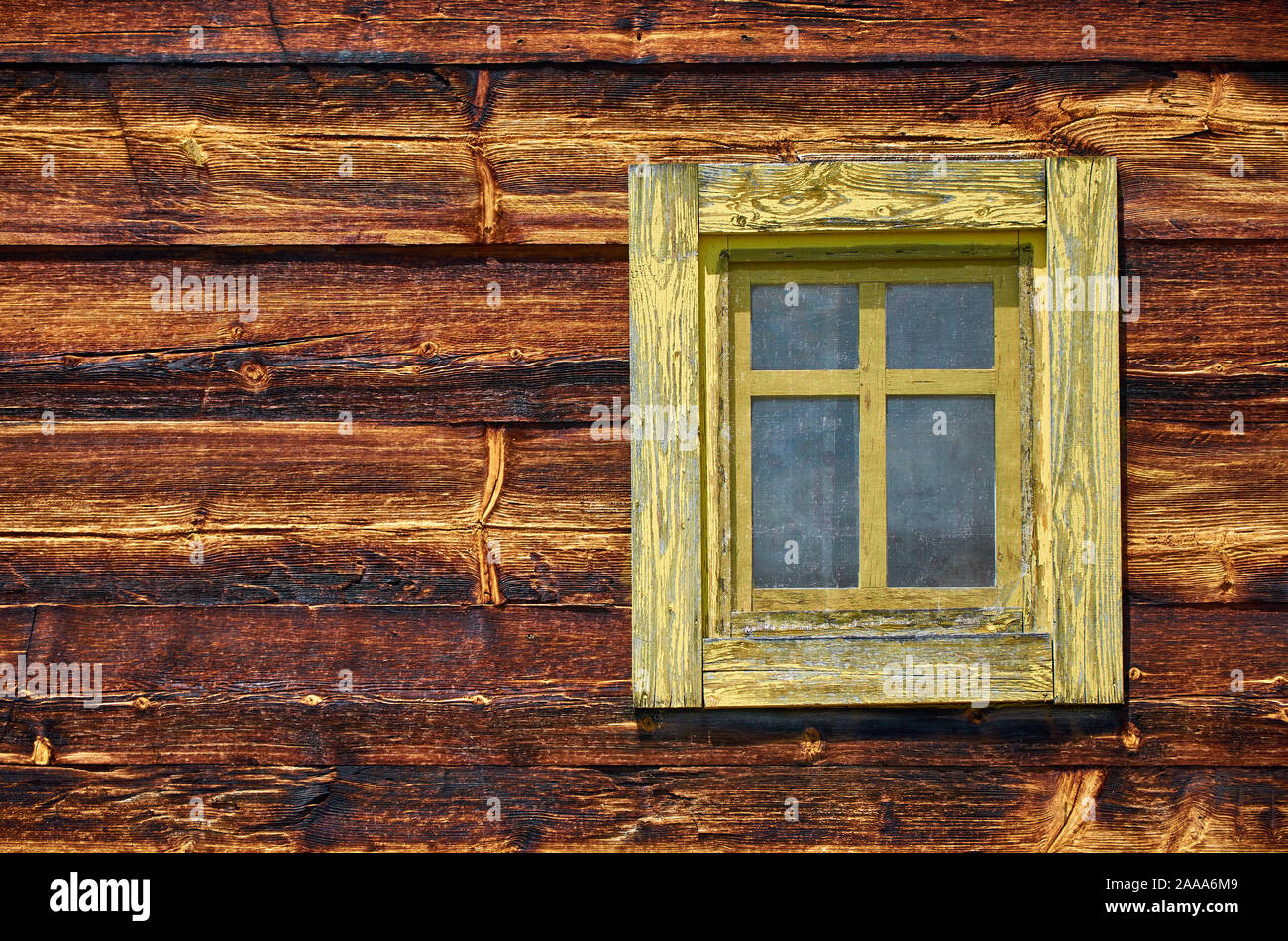 Small window of a wooden cottage in a traditional village style Stock ...