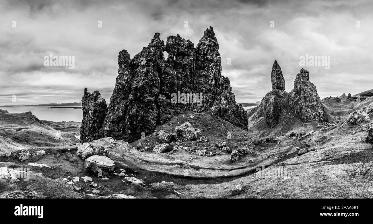 The Old Man of Storr rock tower pinnacles [in monochrome] on the Isle ...