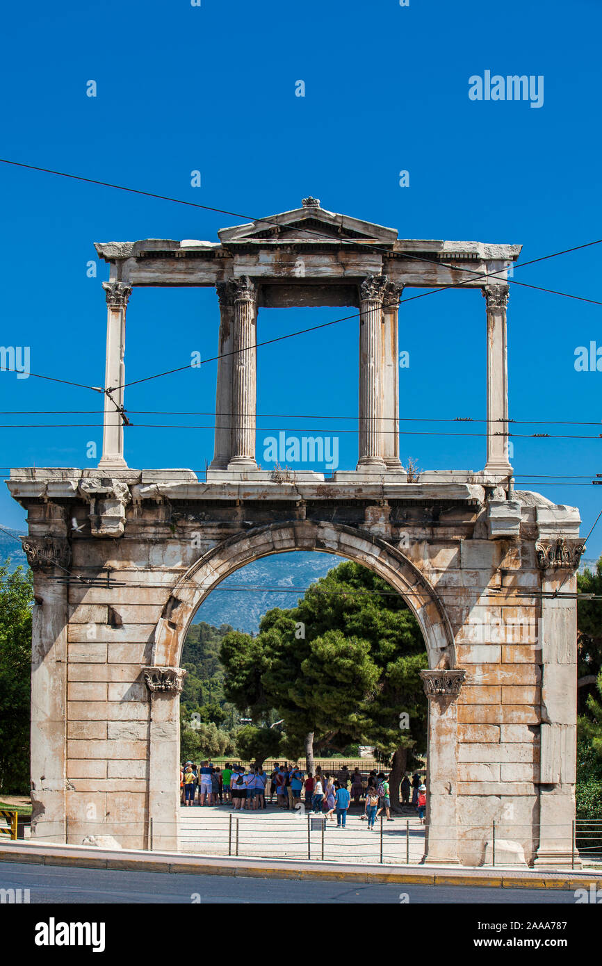 ATHENS, GREECE - MAY, 2018: Tourists at the Arch of Hadrian in the city ...