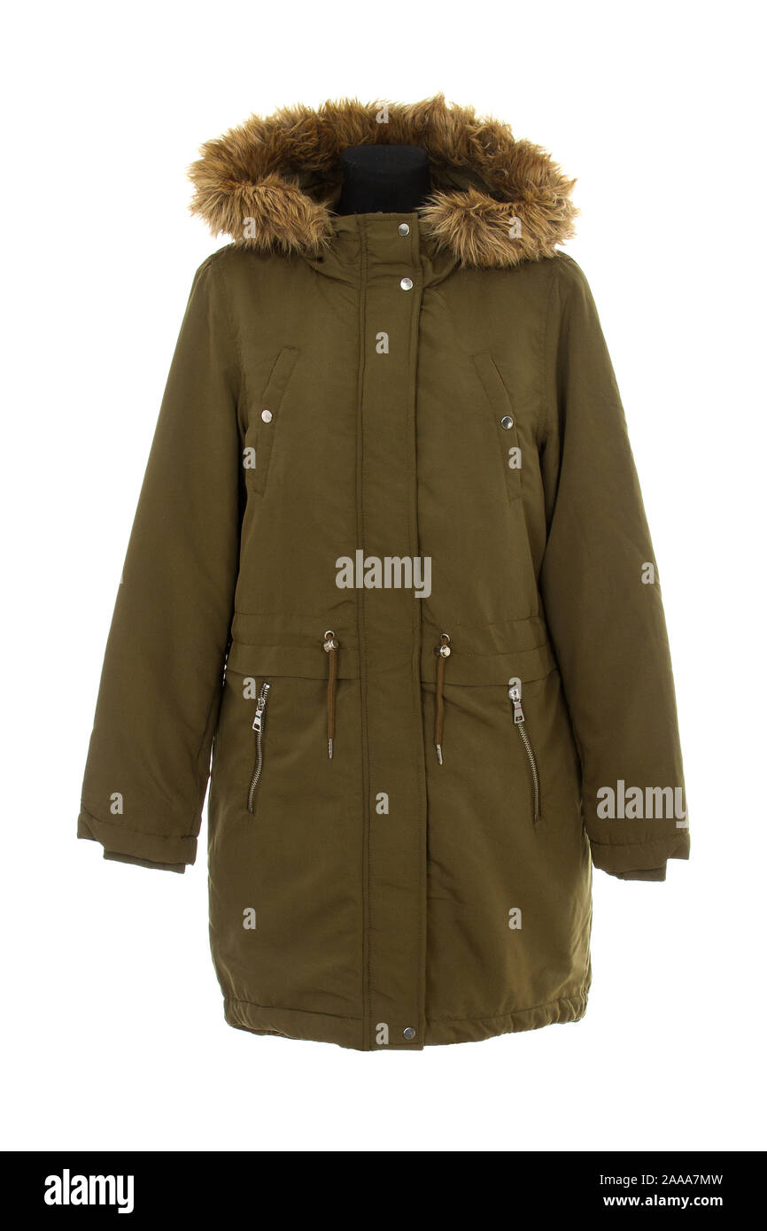 green parka jacket isolated on white background. warm jacket with fur ...