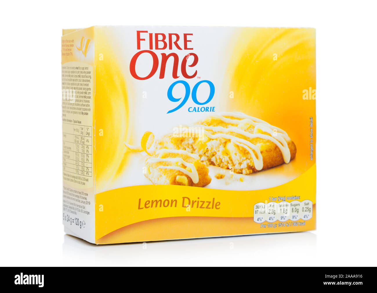 LONDON, UK - NOVEMBER 10, 2019: Box of Fibre One 90 Calorie Lemon ...