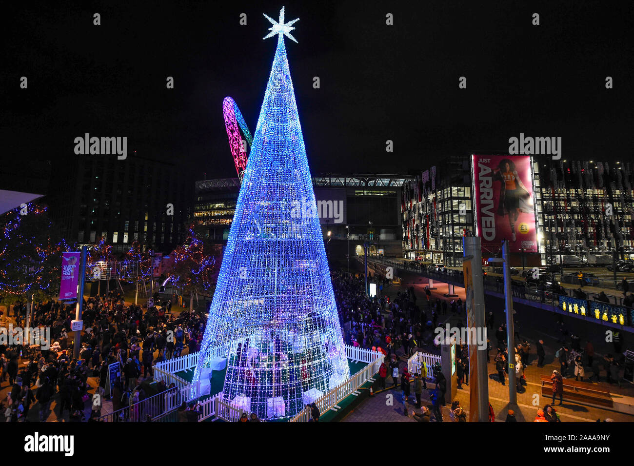 London, UK. 20 November 2019. An illuminated Wembley Stadium arch and ...